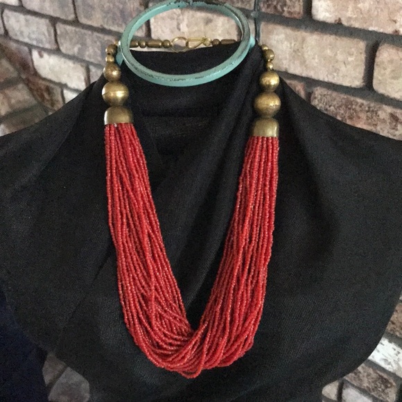 Jewelry | Vintage Multiple Strand Red Seed Coral Necklace With Brass ...